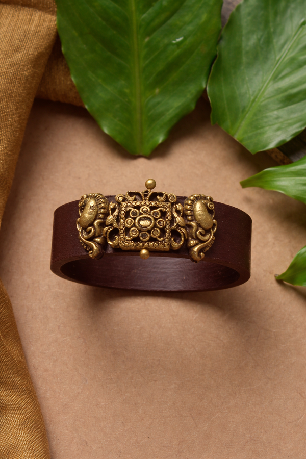Coco Kada — Mocha Brown Bangle with Antique Gold Kada Style Peacock De ...